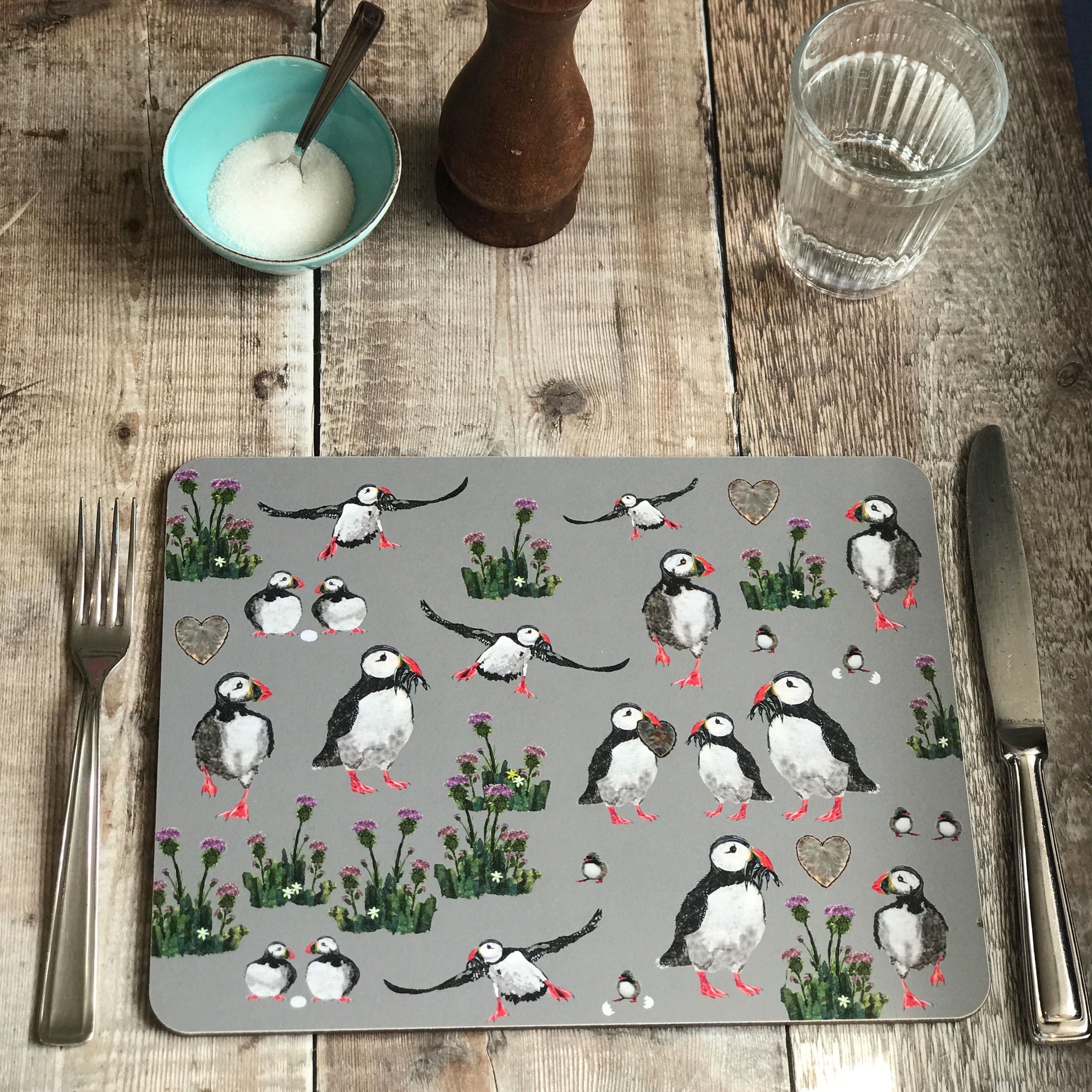 Chloe Gardner Tablemat Puffins Grey - Island Blue Tobermory