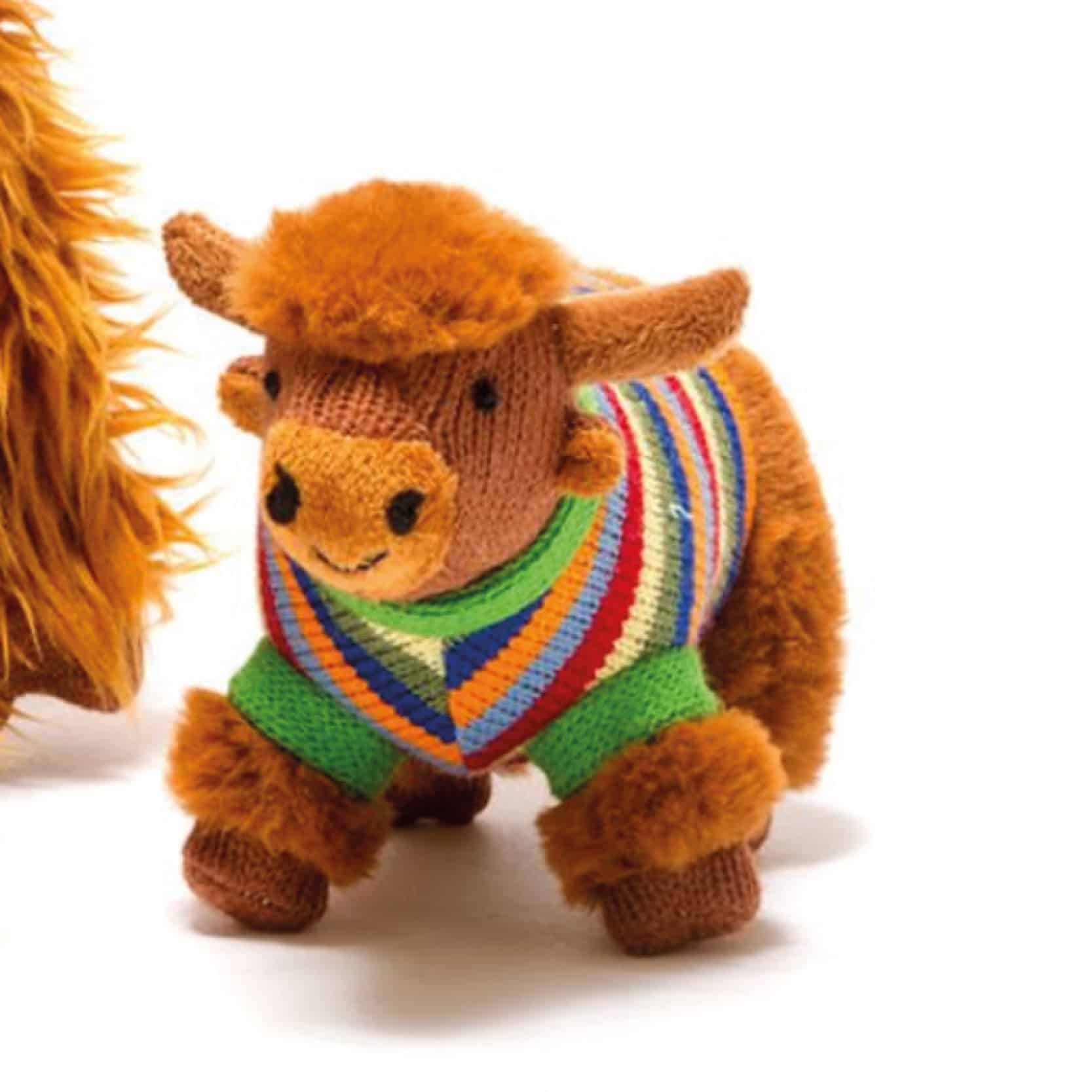 Best Years Knitted Highland Cow Baby Rattle With Stripe Jumper - Island ...